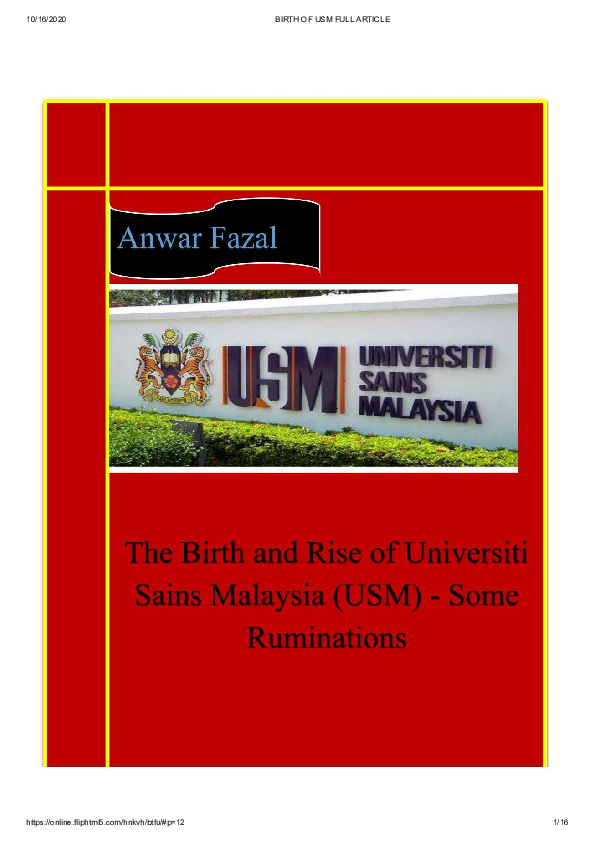 (PDF) The Birth and Rise of Universiti Sains Malaysia (USM) - Some ...