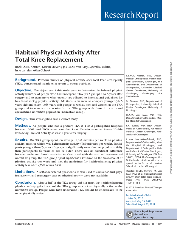 Pdf Habitual Physical Activity After Total Knee Replacement