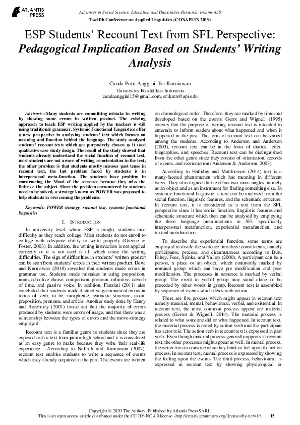 (PDF) ESP Students’ Recount Text from SFL Perspective: Pedagogical Implication Based on Students ...