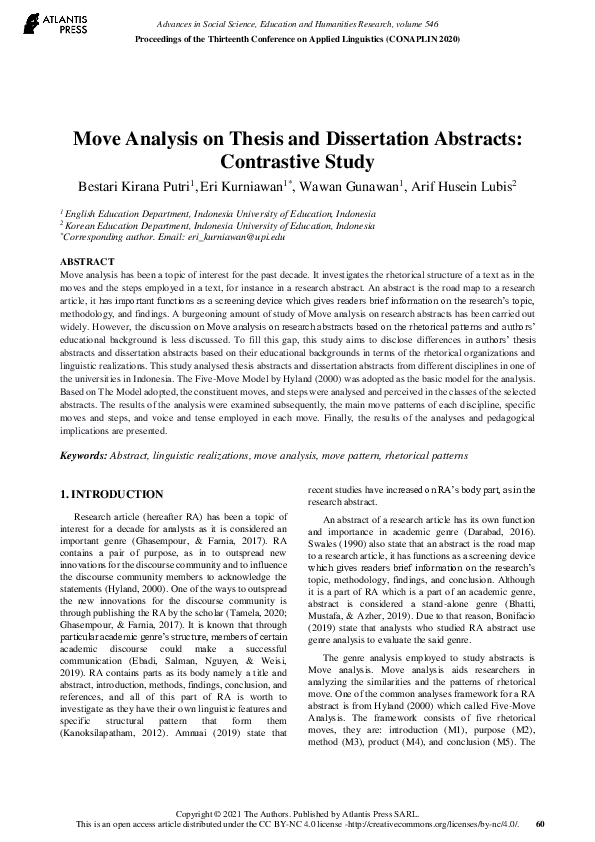 (PDF) Move Analysis on Thesis and Dissertation Abstracts: Contrastive Study (PDF) Move Analysis on Thesis and Dissertation Abstracts: Contrastive Study