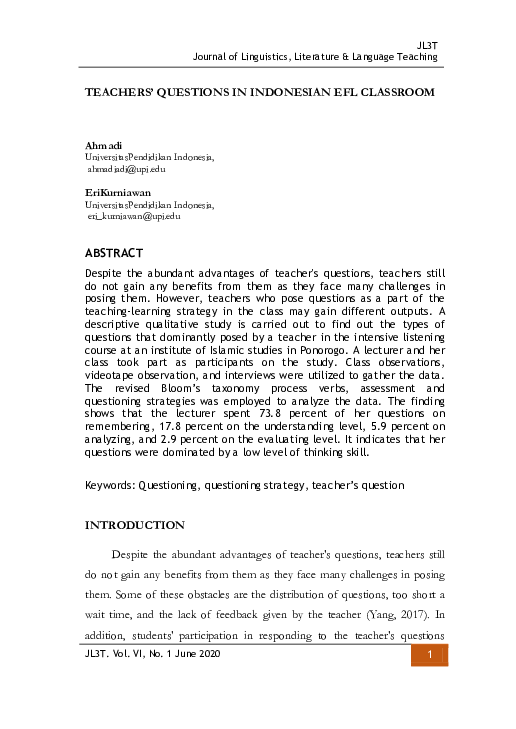 (PDF) Teachers’ Questions in Indonesian Efl Classroom