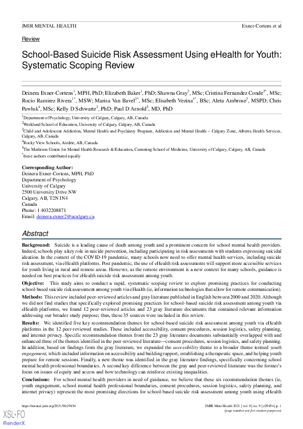 Pdf School Based Suicide Risk Assessment Using Ehealth For Youth Systematic Scoping Review
