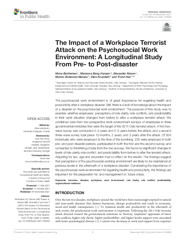 (PDF) The Impact of a Workplace Terrorist Attack on the Psychosocial Work Environment: A ...
