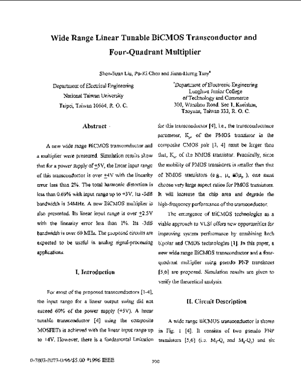 (PDF) Wide range linear tunable BiCMOS transconductor and four-quadrant ...