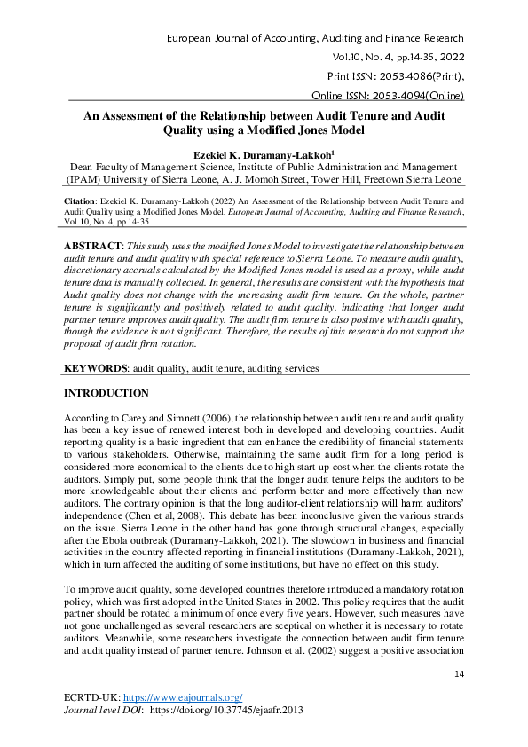 (PDF) An Assessment of the Relationship between Audit Tenure and Audit Quality using a Modified ...