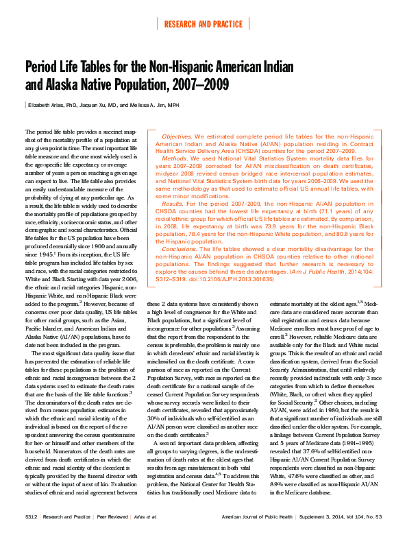 (PDF) Period Life Tables for the Non-Hispanic American Indian and ...