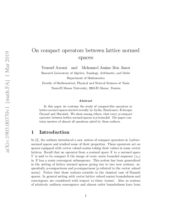 Pdf On Compact Operators Between Lattice Normed Spaces Mohamed
