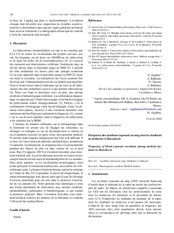 (PDF) Fréquence des accidents exposant au sang chez les étudiants en médecine à Marrakech