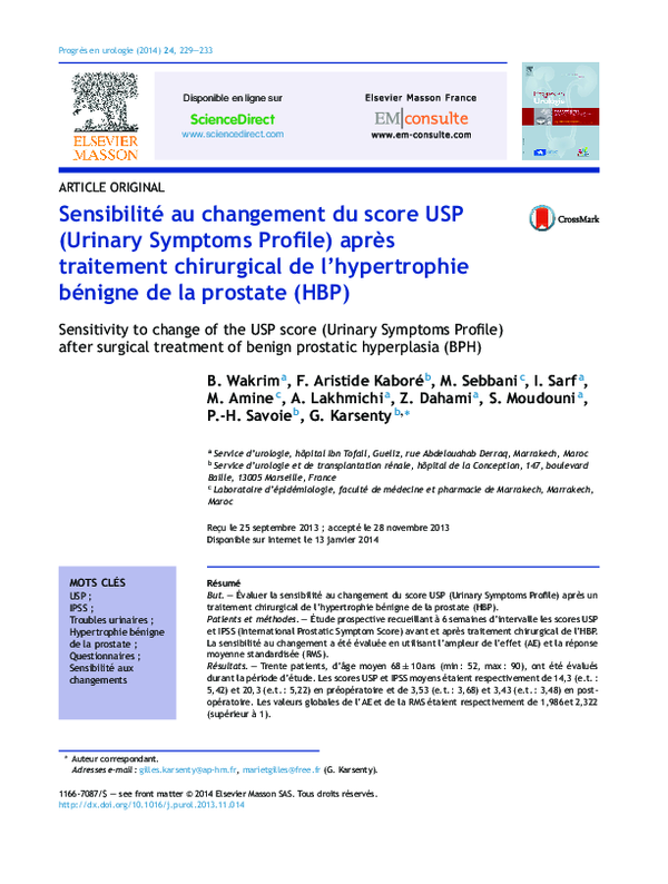 (PDF) Sensibilité au changement du score USP (Urinary Symptoms Profile) après traitement ...