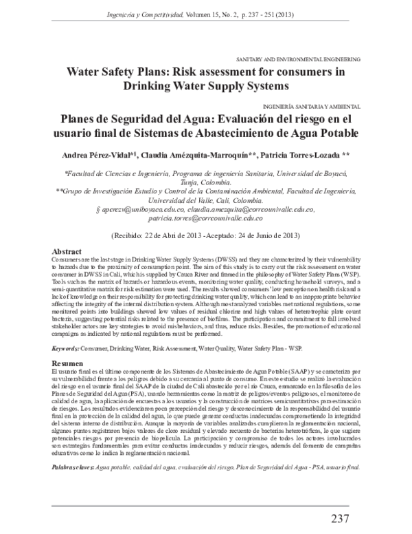 (PDF) Water Safety Plans: Risk assessment for consumers in Drinking ...