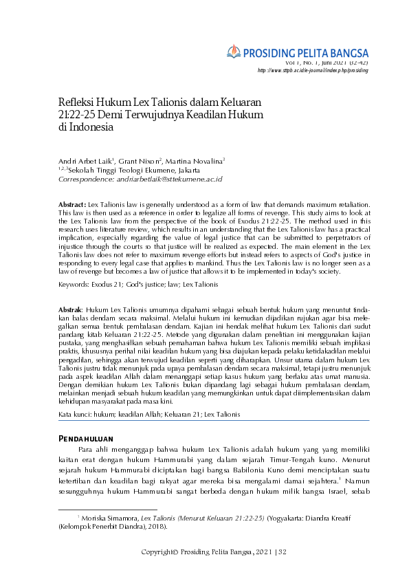 (PDF) Refleksi Hukum Lex Talionis dalam Keluaran 21:22-25 Demi ...