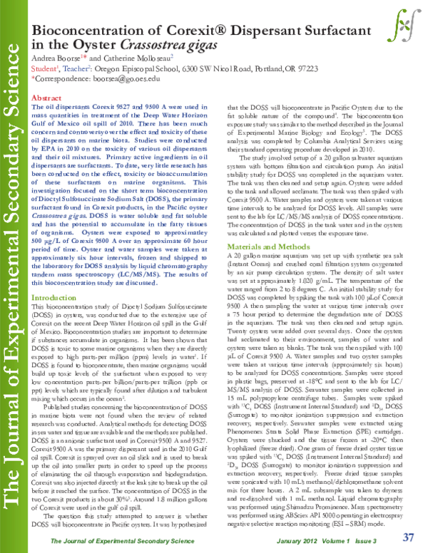 (PDF) Bioconcentration of Corexit® Dispersant Surfactant in the Oyster ...