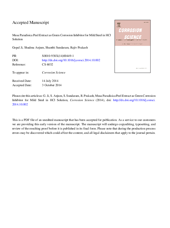 (PDF) Musa paradisica peel extract as green corrosion inhibitor for ...