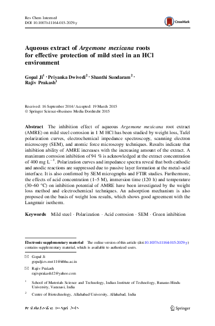 (PDF) Aqueous extract of Argemone mexicana roots for effective protection of mild steel in an ...