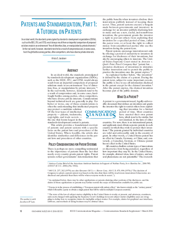 (PDF) Patents and standardization, part 1: A tutorial on patents