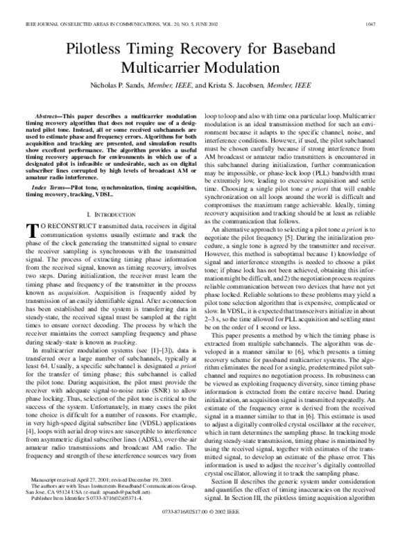 (PDF) Pilotless timing recovery for baseband multicarrier modulation
