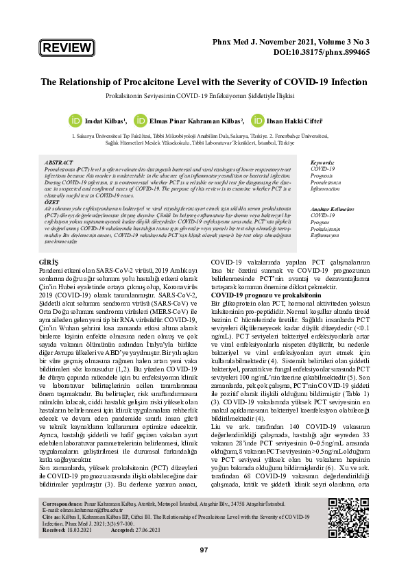 (PDF) Prokalsitonin Seviyesinin Covid-19 Enfeksiyonun Şiddetiyle İlişkisi