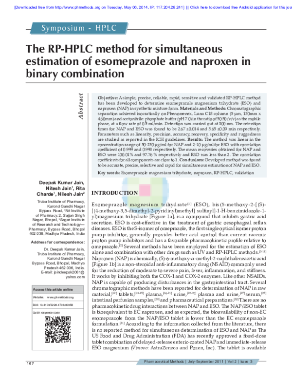 (PDF) The RP-HPLC method for simultaneous estimation of esomeprazole and naproxen in binary ...