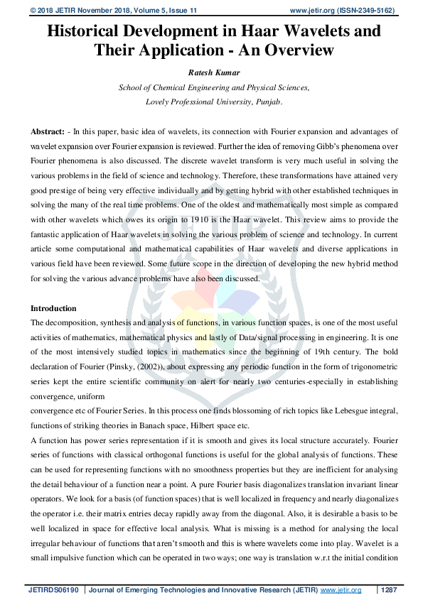 (PDF) Historical Development in Haar Wavelets and Their Application-An ...