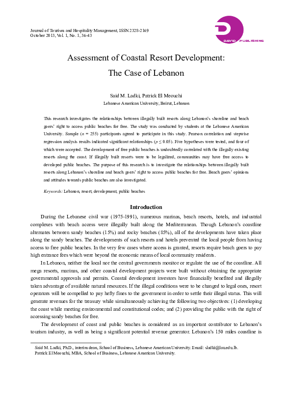(PDF) Assessment of Coastal Resort Development: The Case of Lebanon