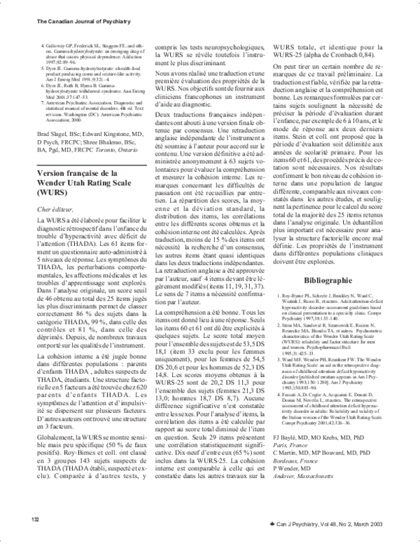(PDF) Version française de la Wender Utah Rating Scale (WURS)