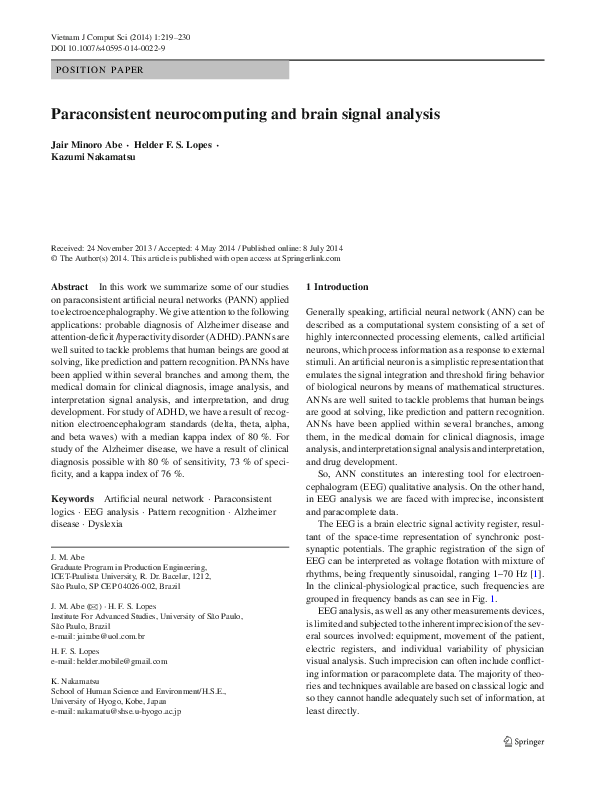 (PDF) Paraconsistent neurocomputing and brain signal analysis