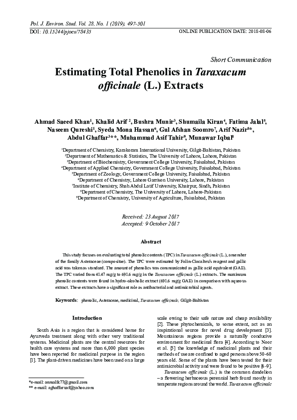 (PDF) Estimating Total Phenolics in Taraxacum officinale (L.) Extracts