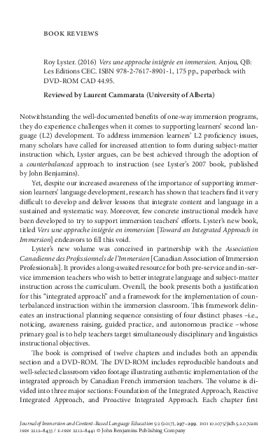 (PDF) Review of Lyster, Roy (2016) Vers une approche intégrée en immersion