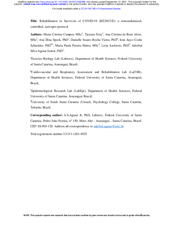 (PDF) Rehabilitation in Survivors of COVID-19 (RE2SCUE): a ...