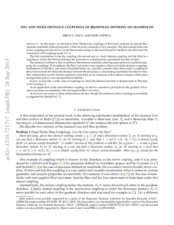 (PDF) Shy and fixed-distance couplings of Brownian motions on manifolds