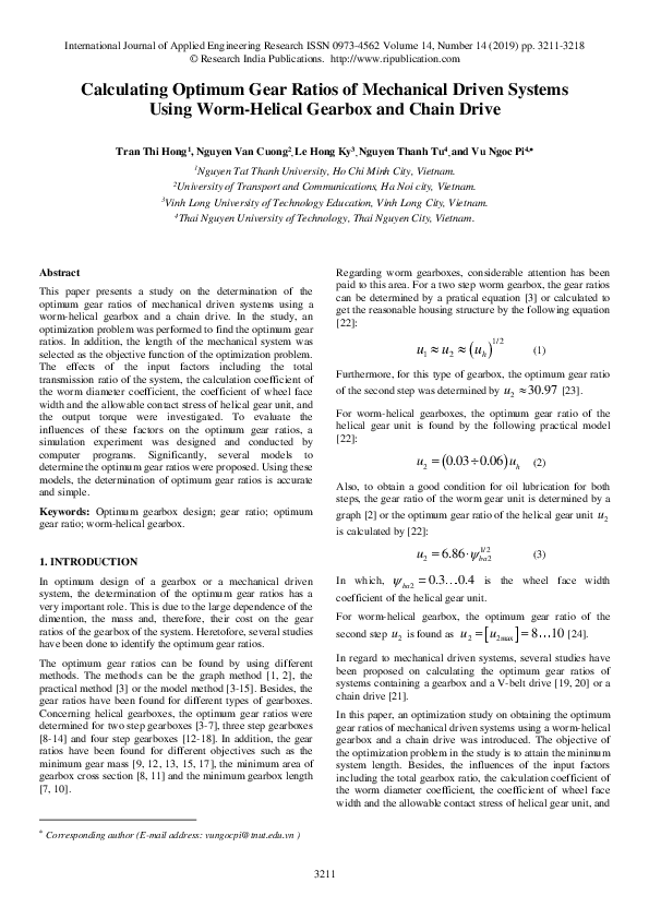 (PDF) Calculation of Optimum Gear Ratios of Mechanical Driven Systems Using Worm-Helical Gearbox ...