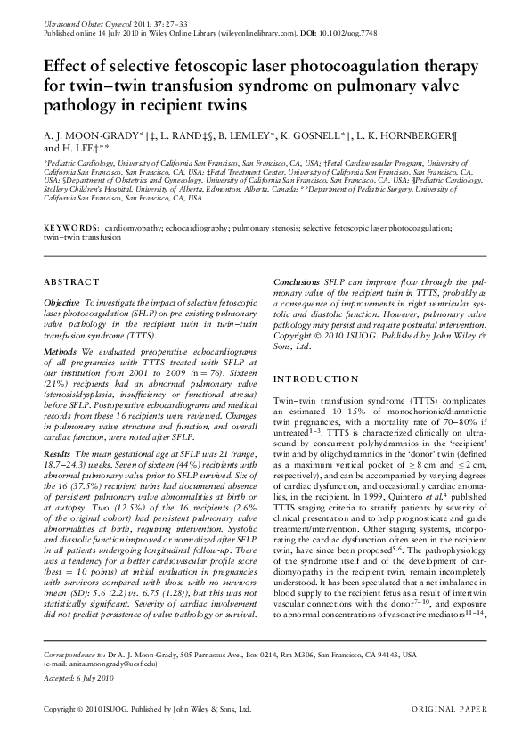 (PDF) Effect of selective fetoscopic laser photocoagulation therapy for ...