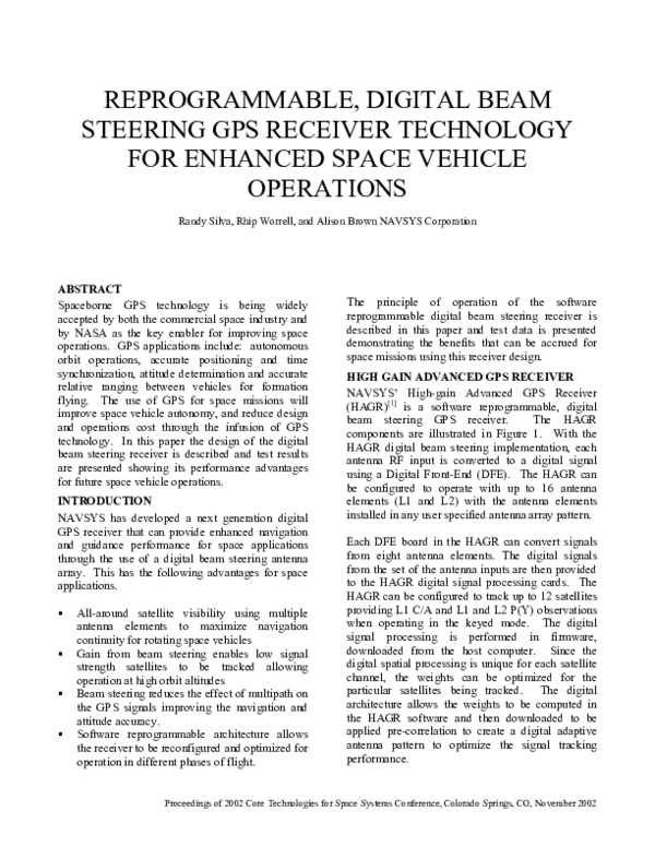 (PDF) Reprogrammable, Digital Beam Steering GPS Receiver Technology for Enhanced Space Vehicle ...