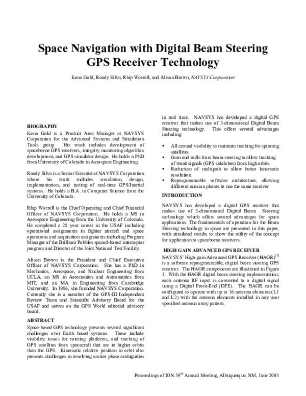 (PDF) Space Navigation with Digital Beam Steering GPS Receiver Technology