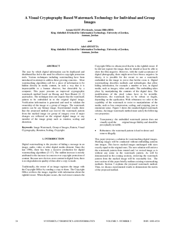 (PDF) A visual cryptography based watermark technology for individual and group images