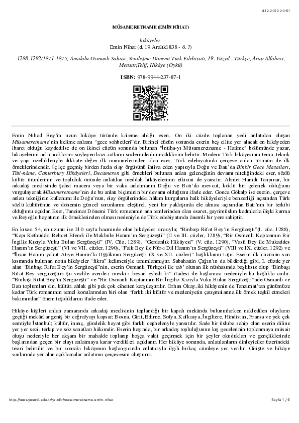 (PDF) MÜSAMERETNAME (EMİN NİHAT)