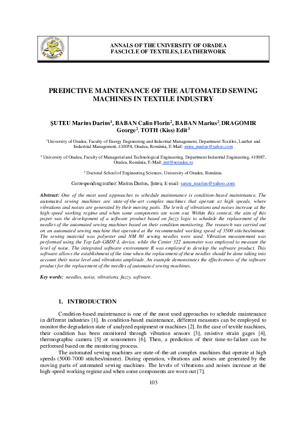 (PDF) Predictive Maintenance of the Automated Sewing Machines in ...