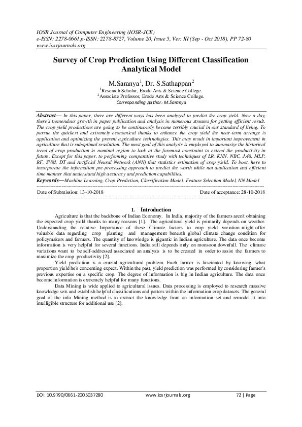 Pdf Survey Of Crop Prediction Using Different Classification Analytical Model