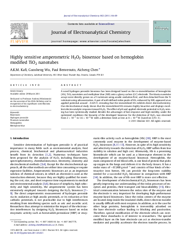 Pdf Highly Sensitive Amperometric H2o2 Biosensor Based On Hemoglobin Modified Tio2 Nanotubes