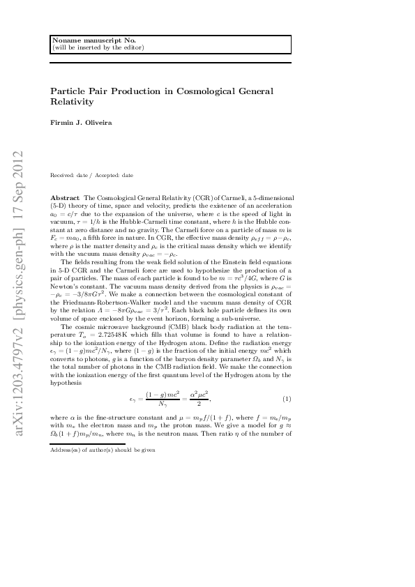 (PDF) Particle Pair Production in Cosmological General Relativity ...
