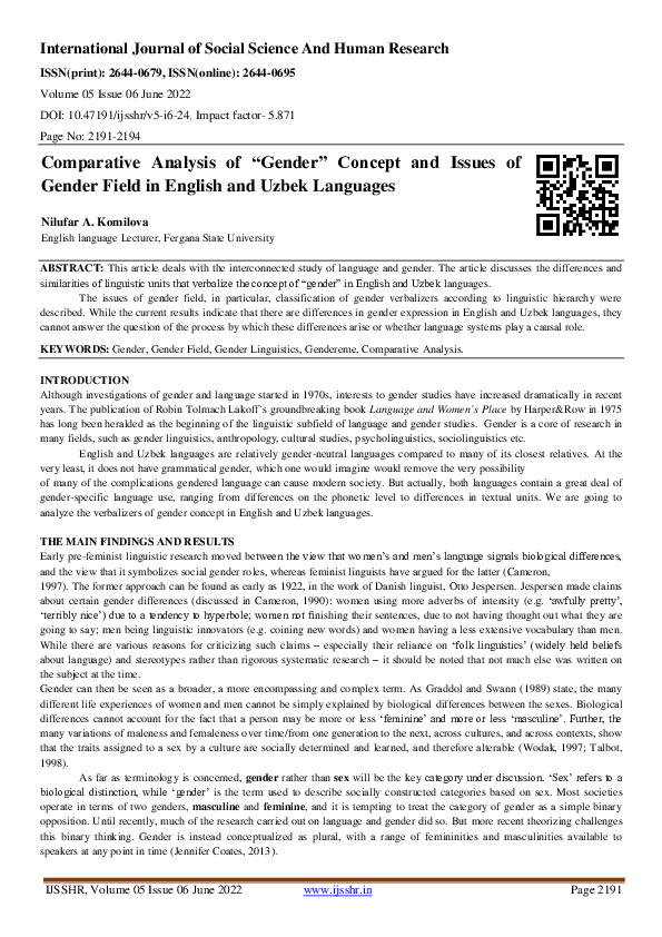 (PDF) Comparative Analysis of "Gender" Concept and Issues of Gender ...