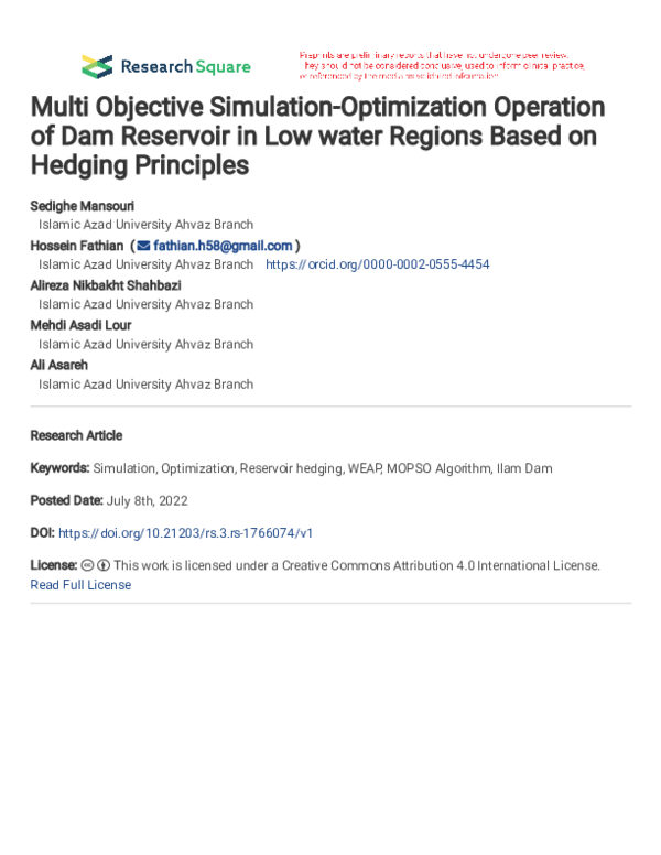Pdf Multi Objective Simulation Optimization Operation Of Dam 2729