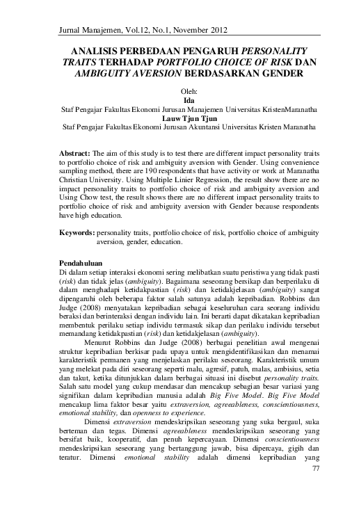 (PDF) Analisis Perbedaan Pengaruh Personality Traits Terhadap Portfolio Choice of Risk Dan ...
