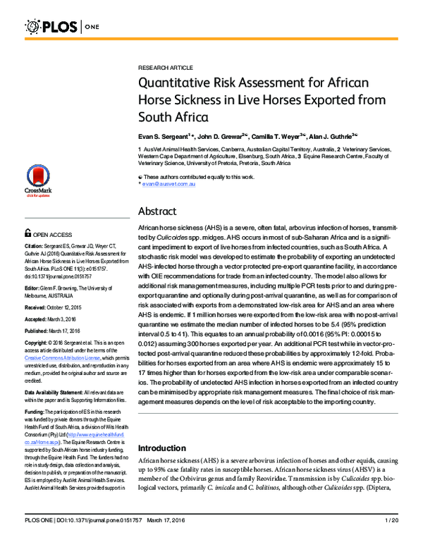(PDF) Quantitative Risk Assessment for African Horse Sickness in Live ...