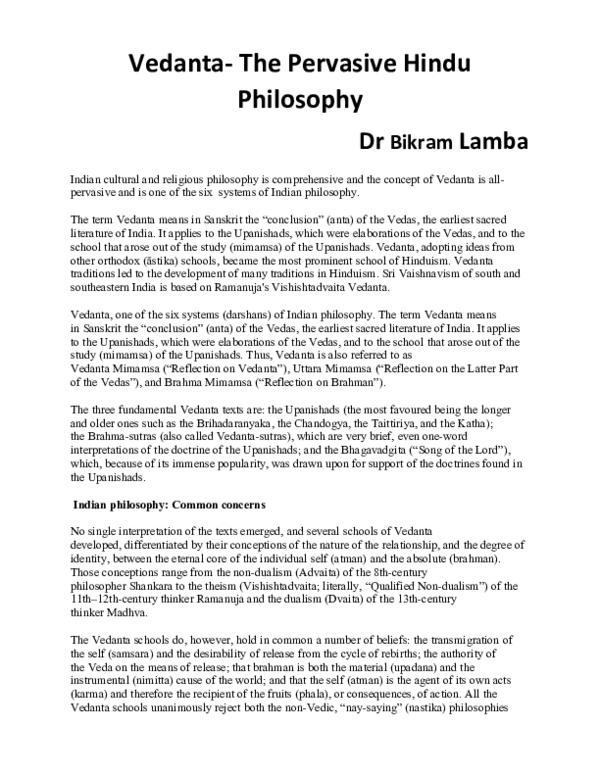 (DOC) Vedanta-The Pervasive Hindu Philosophy