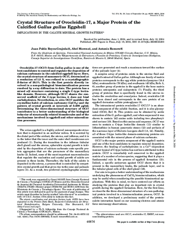 (PDF) Crystal Structure of Ovocleidin-17, a Major Protein of the ...