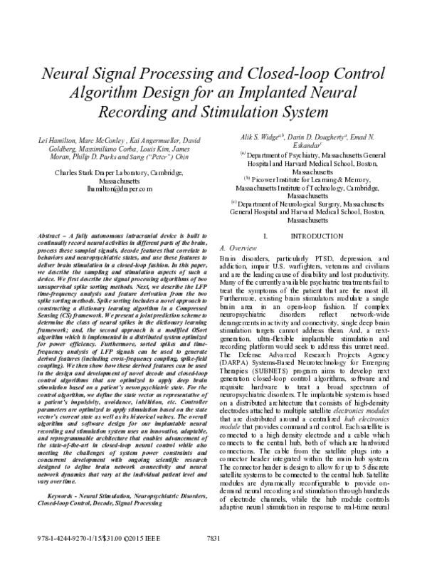 Pdf Neural Signal Processing And Closed Loop Control Algorithm Design For An Implanted Neural 8362