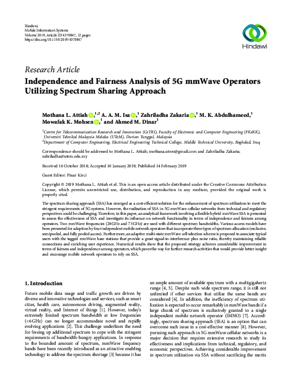 (PDF) Independence and Fairness Analysis of 5G mmWave Operators Utilizing Spectrum Sharing Approach