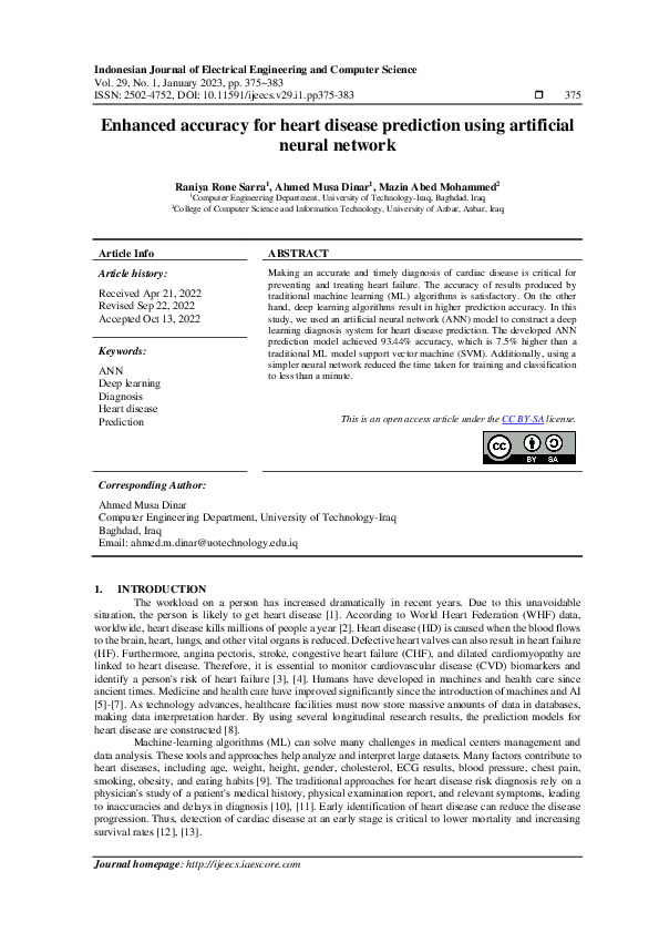 Pdf Enhanced Accuracy For Heart Disease Prediction Using Artificial