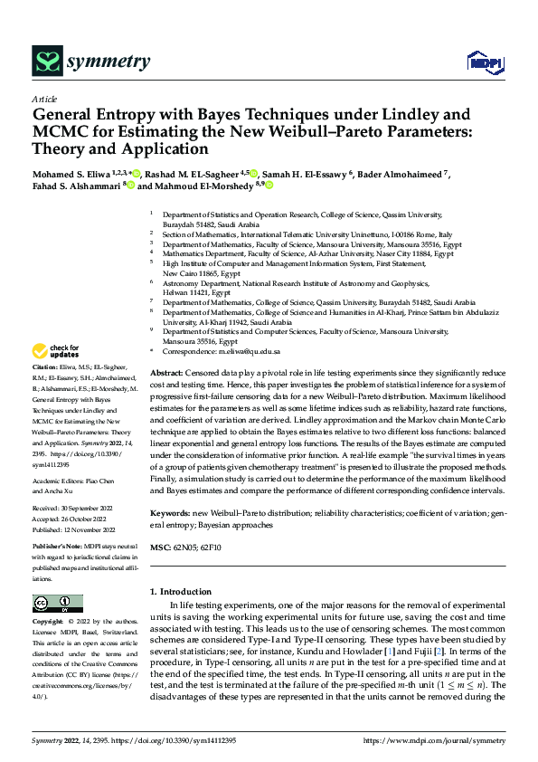 (PDF) General Entropy with Bayes Techniques under Lindley and MCMC for Estimating the New ...